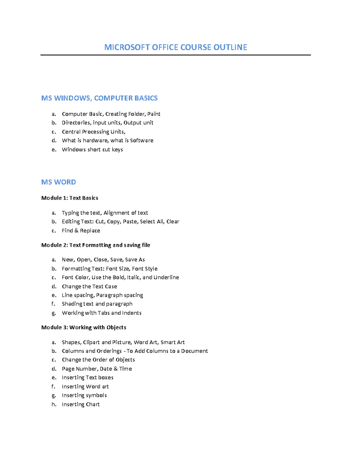 MS Office Course Outline - MICROSOFT OFFICE COURSE OUTLINE MS WINDOWS ...