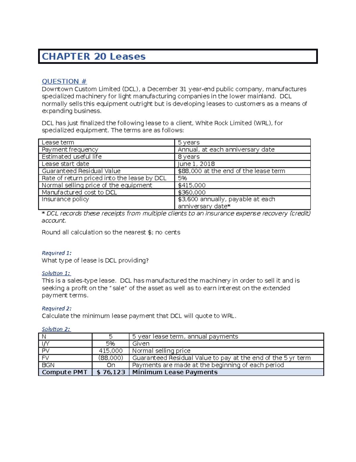 Chapter 20 Lab Solutions - CHAPTER 20 Leases QUESTION Downtown Custom Limited (DCL), a December ...