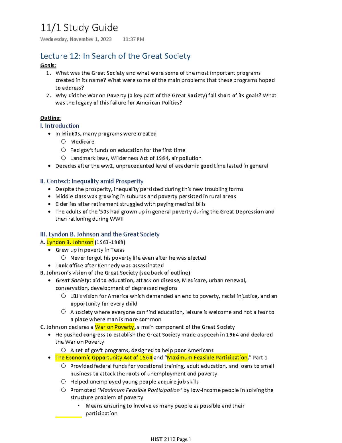 Lecture 12 In Search of the Great Society - Lecture 12: In Search of ...