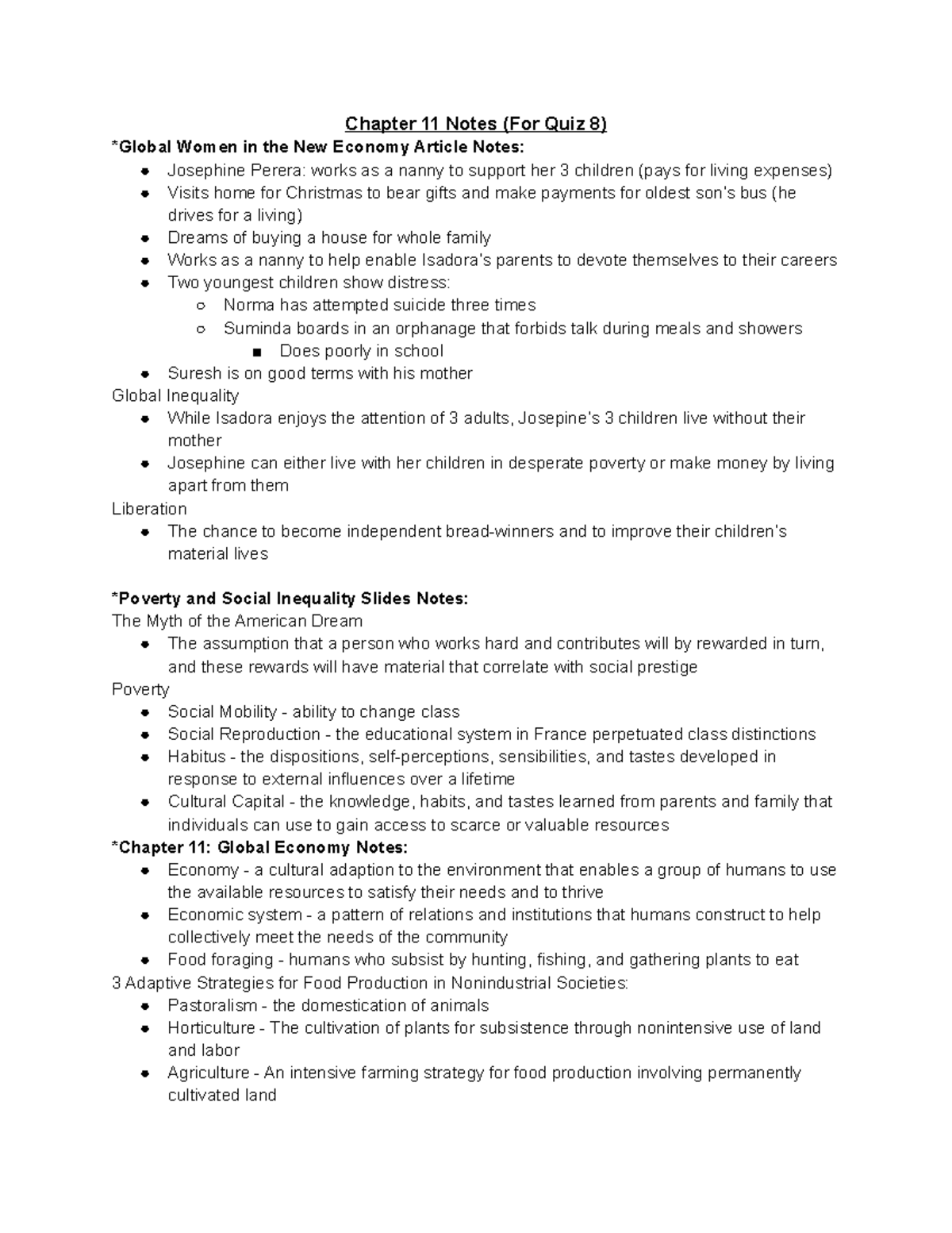ANTH101Chapter 11Notes - Chapter 11 Notes (For Quiz 8) *Global Women in ...