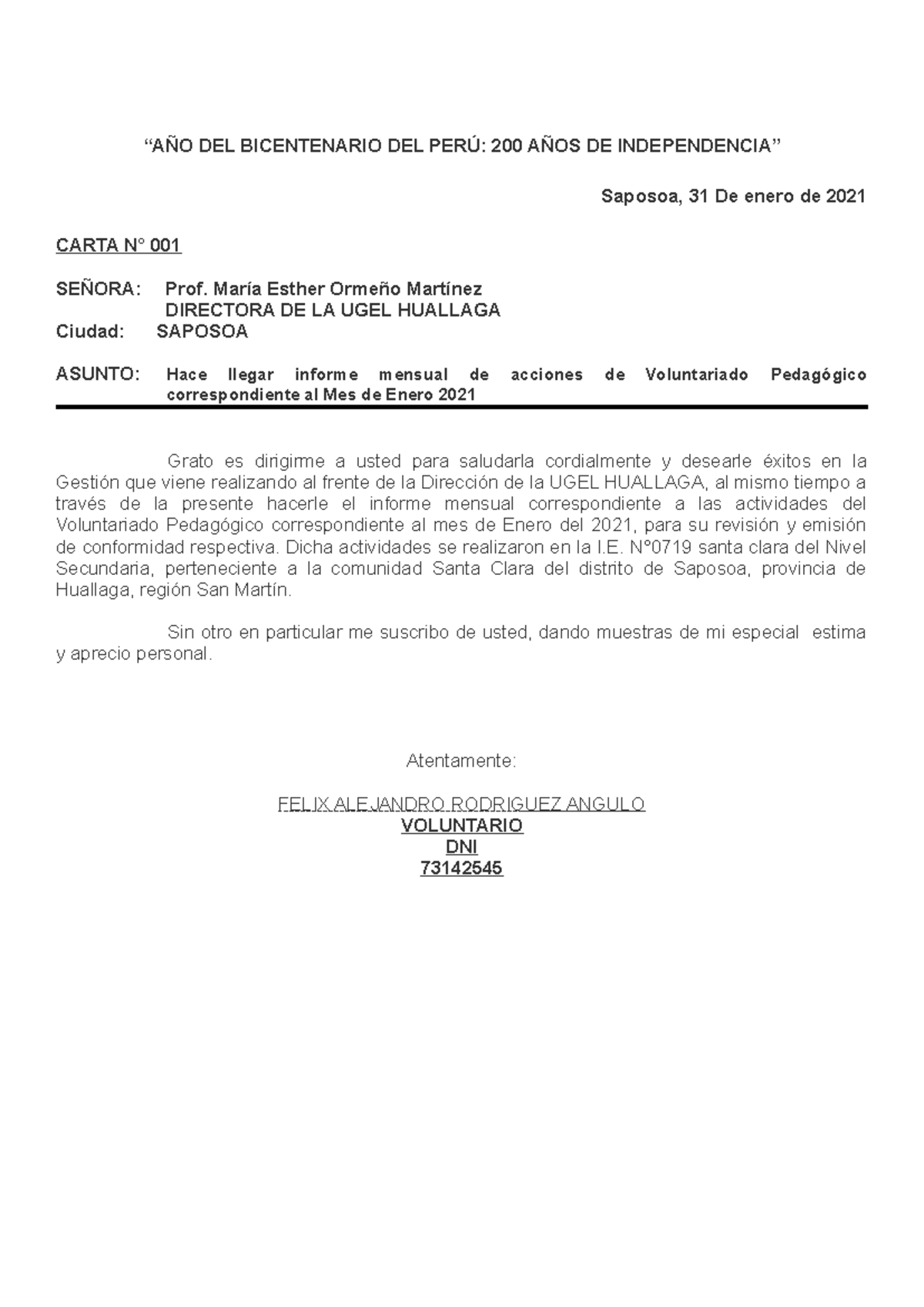 Informe Mensual- Felix - Saposoa - “AÑO DEL BICENTENARIO DEL PERÚ: 200 ...