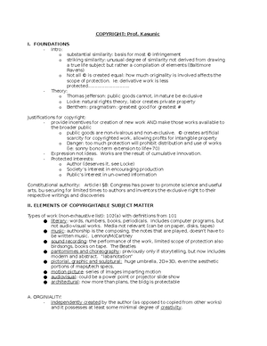 CO#5 - outline - COPYRIGHT OUTLINE I. Copyright Theory and History A ...