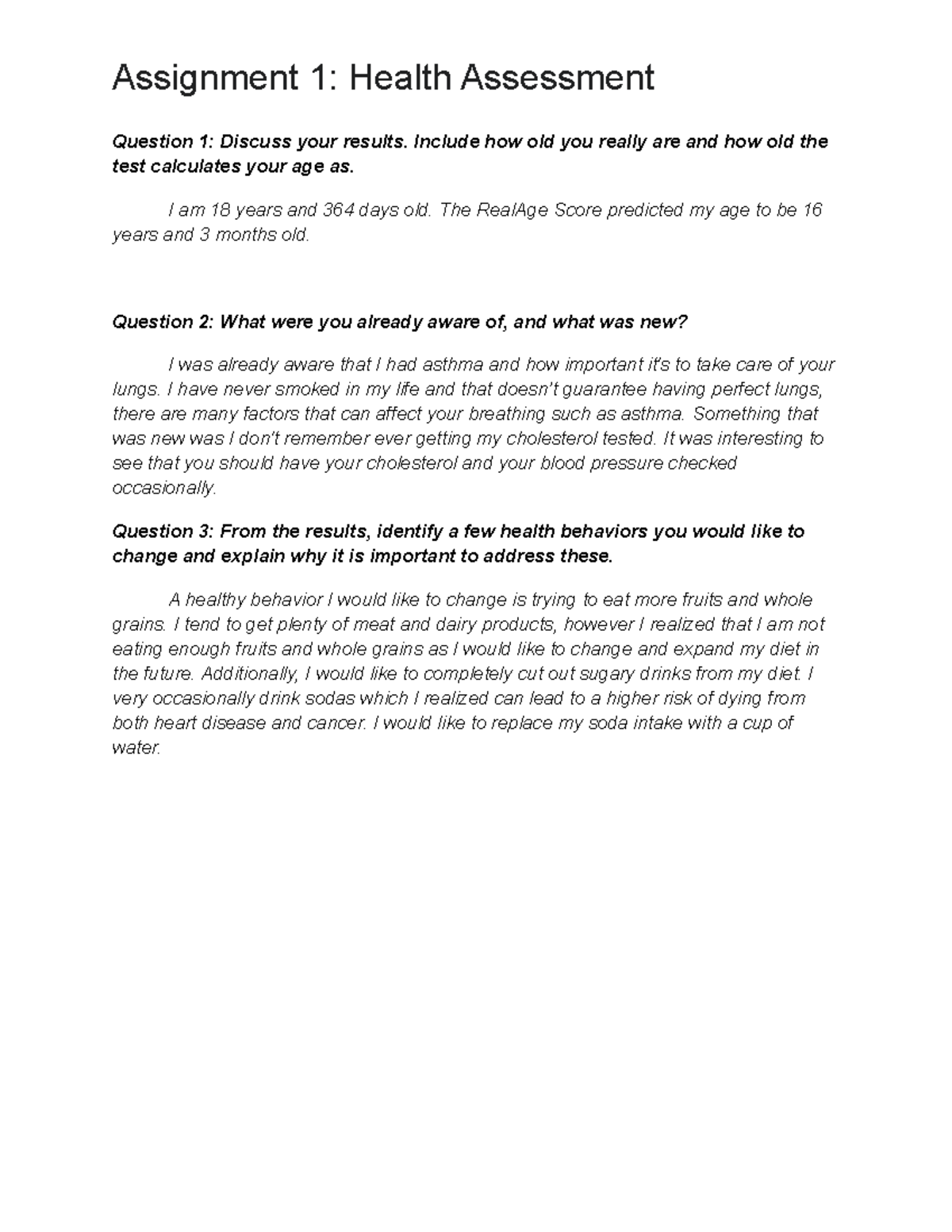 Assignment 1 Health Assessment - Assignment 1: Health Assessment ...