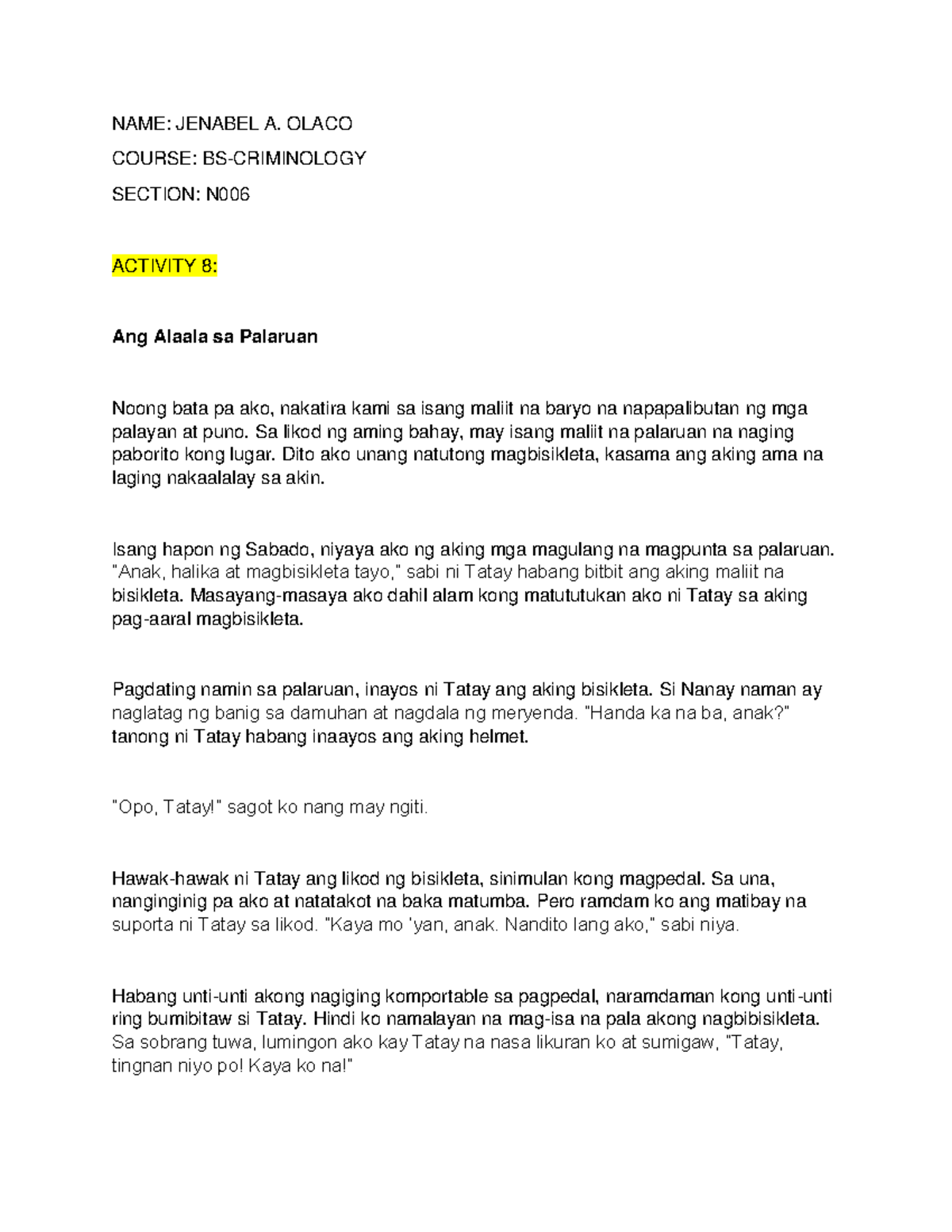 ACT08-FIL - act8 - NAME: JENABEL A. OLACO COURSE: BS-CRIMINOLOGY ...
