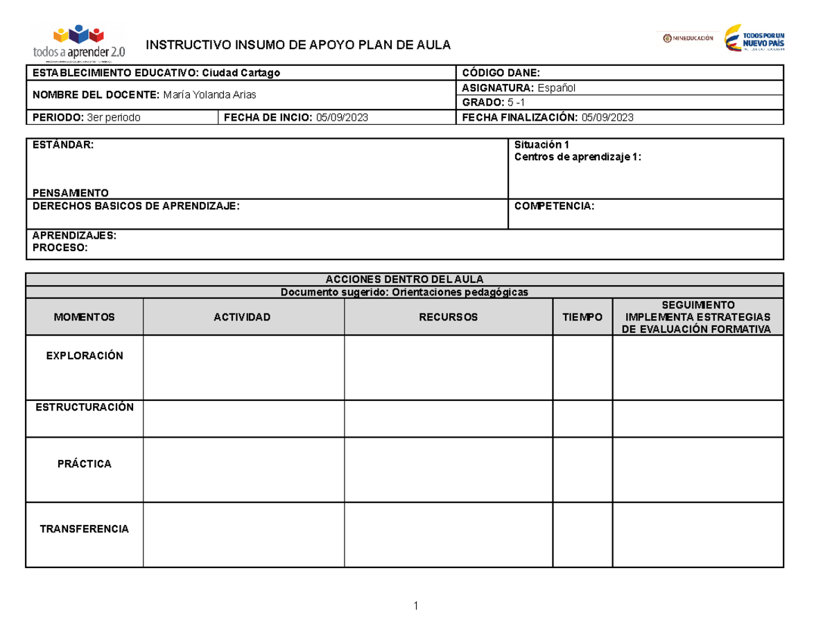 Formato PLAN DE AULA - ESTABLECIMIENTO EDUCATIVO: Ciudad Cartago CÓDIGO ...