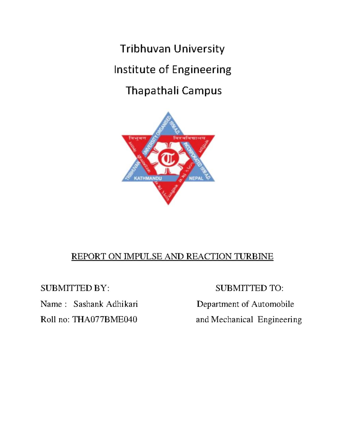 THA077BME040- Sashank Adhikari- Impulse AND Reaction Turbine ...