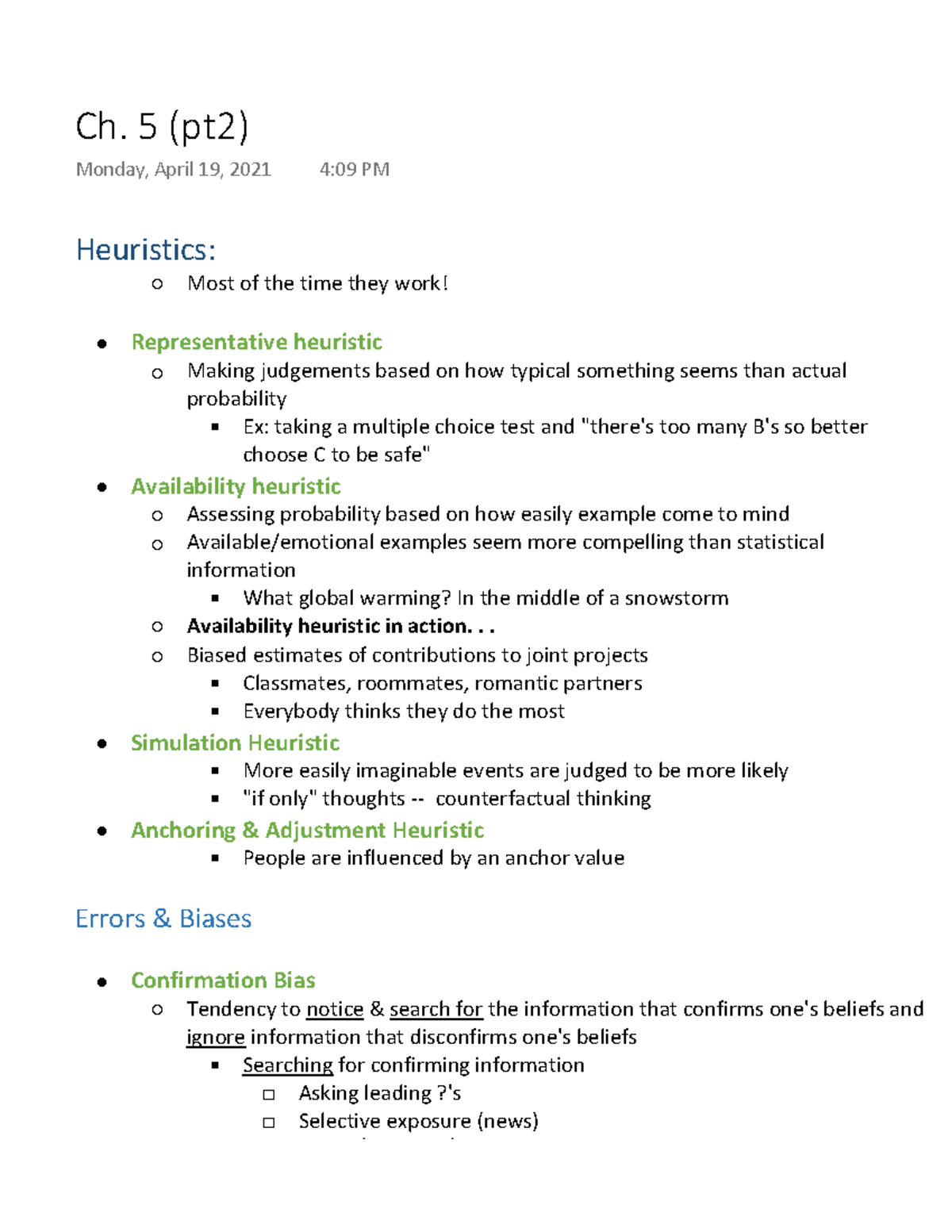 Ch. 5 (pt2) - Social cognition lecture notes pt. 2 - heuristics ...