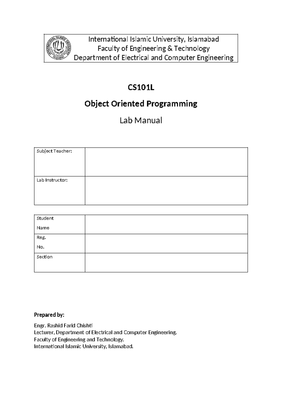 Oop Lab Manual International Islamic University Islamabad Faculty Of Engineering And Technology 