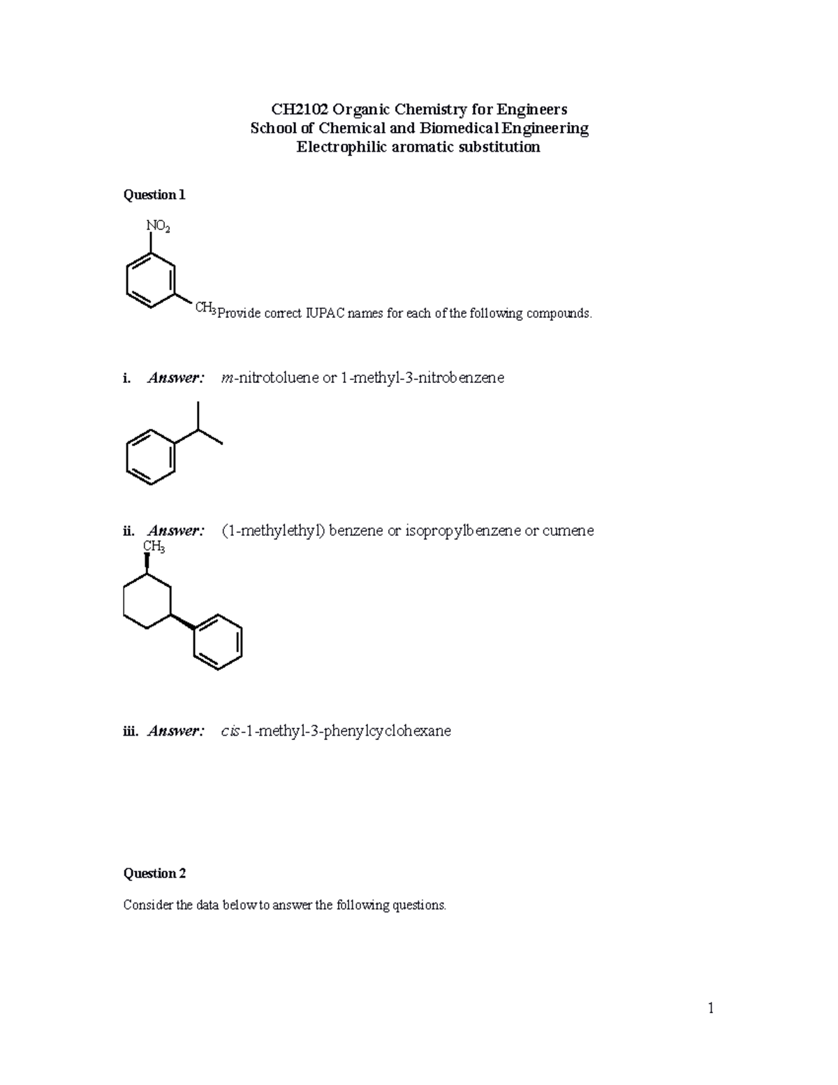 Tutorial - 3 - 03 Electrophilic Aromatic Substitution (Extra)- Answers - CH2102 Organic ...