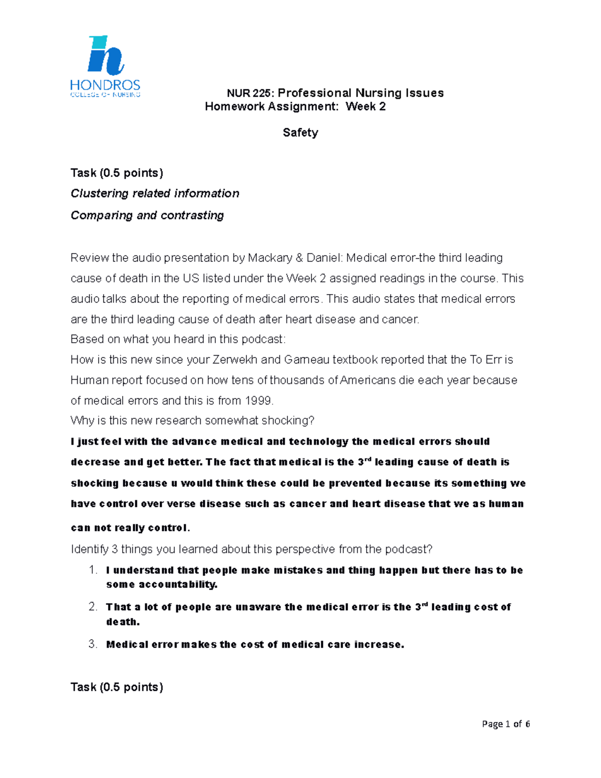 NUR 225 Week 2 Completed) - Homework Assignment: Week 2 Safety Task (0 ...