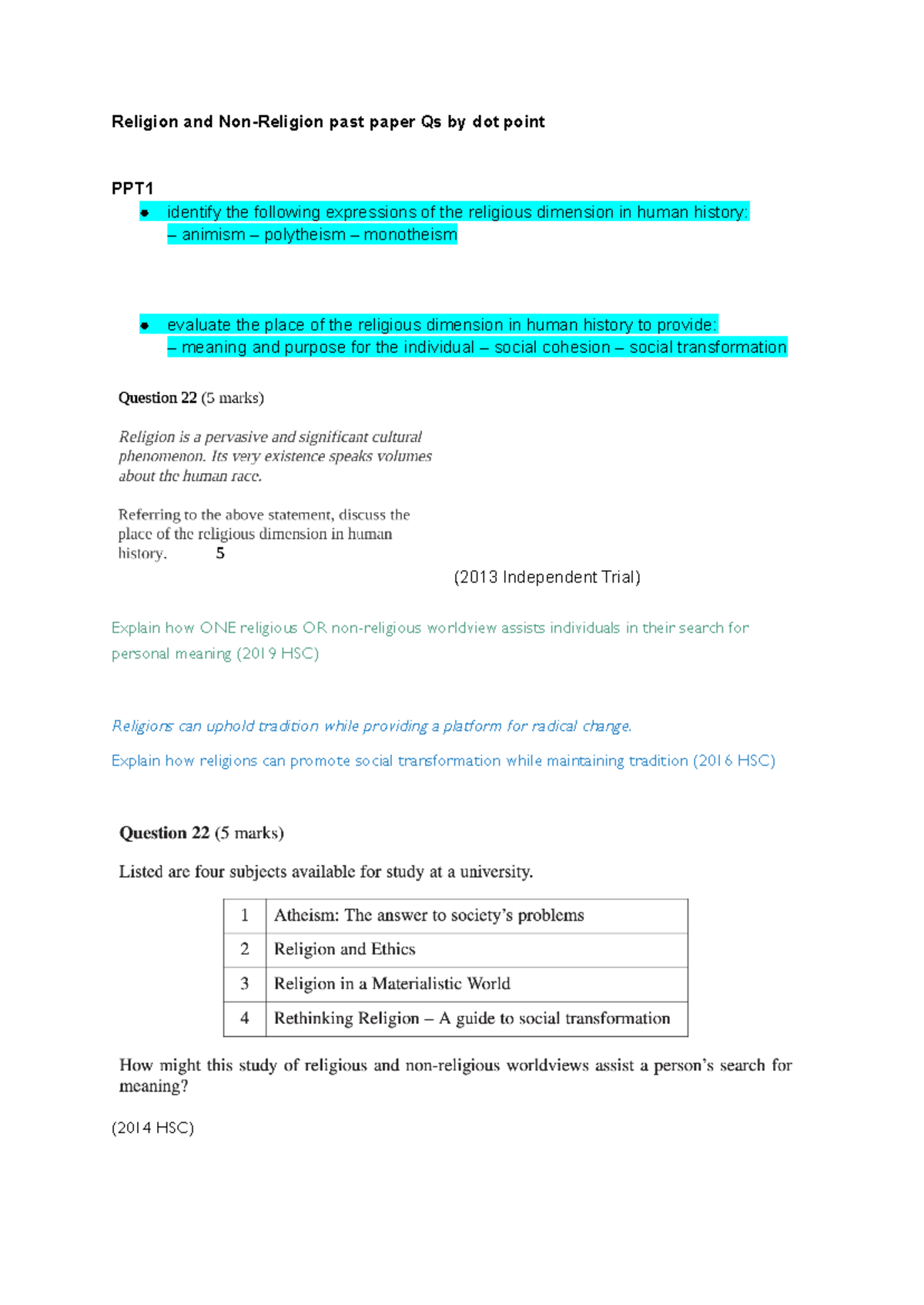 Religion and Non-Religion past paper Qs by dot point - Explain how ...