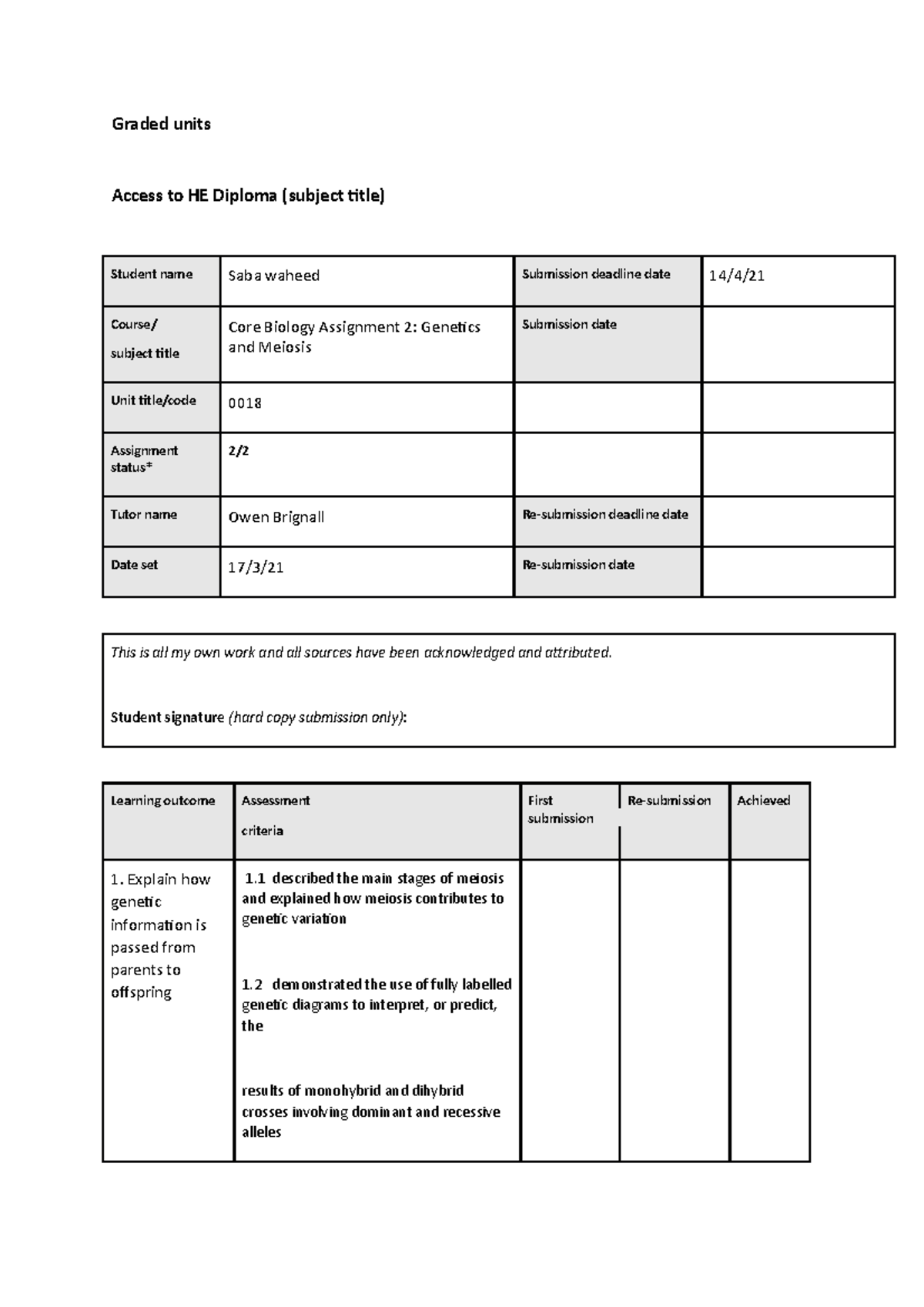 Core biology final assignment 1 - Graded units Access to HE Diploma ...