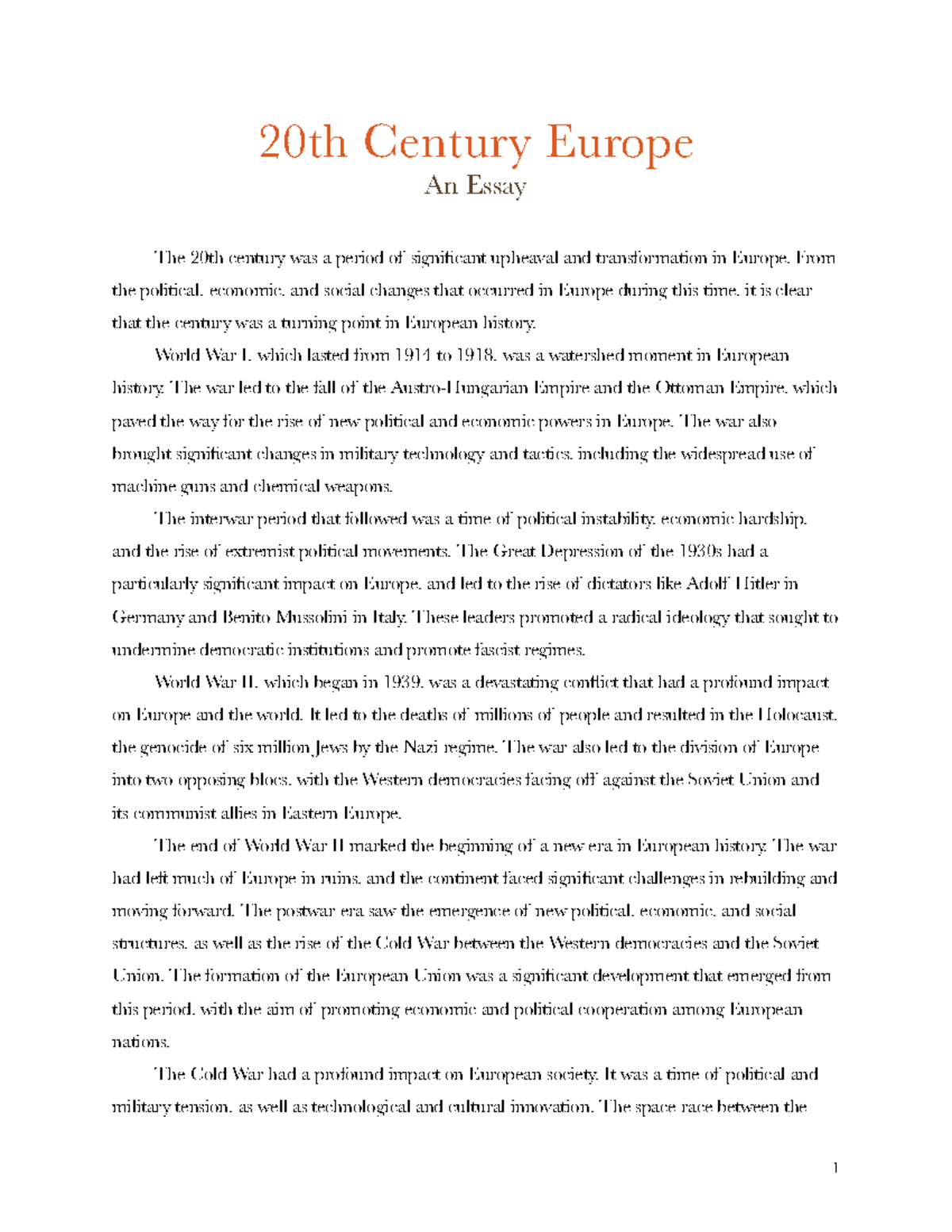20th Century Europe Essay - 20th Century Europe An Essay The 20th ...