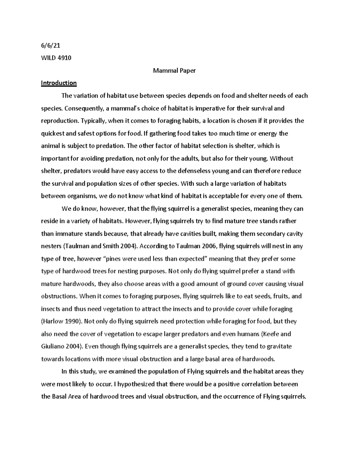 Mammal Paper 1 - Lecture Notes - 6/6/ WILD 4910 Mammal Paper ...