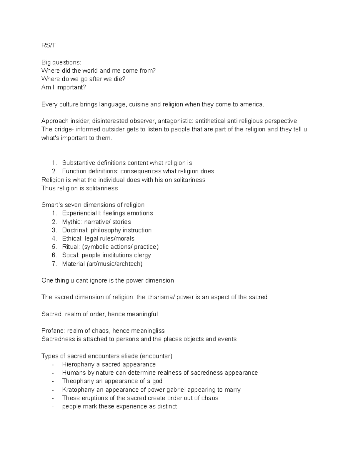 RS T 302 - Google Docs - notes - RS/T Big questions: Where did the ...