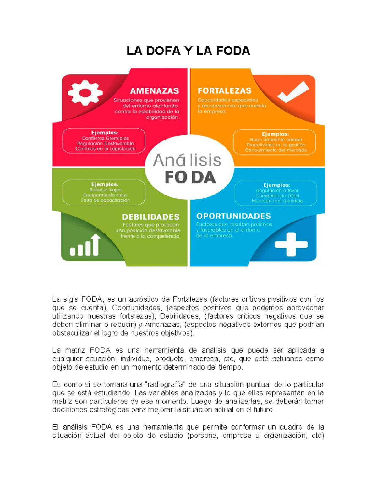 LA DOFA Y LA FODA - apuntes - LA DOFA Y LA FODA La sigla FODA, es un ...