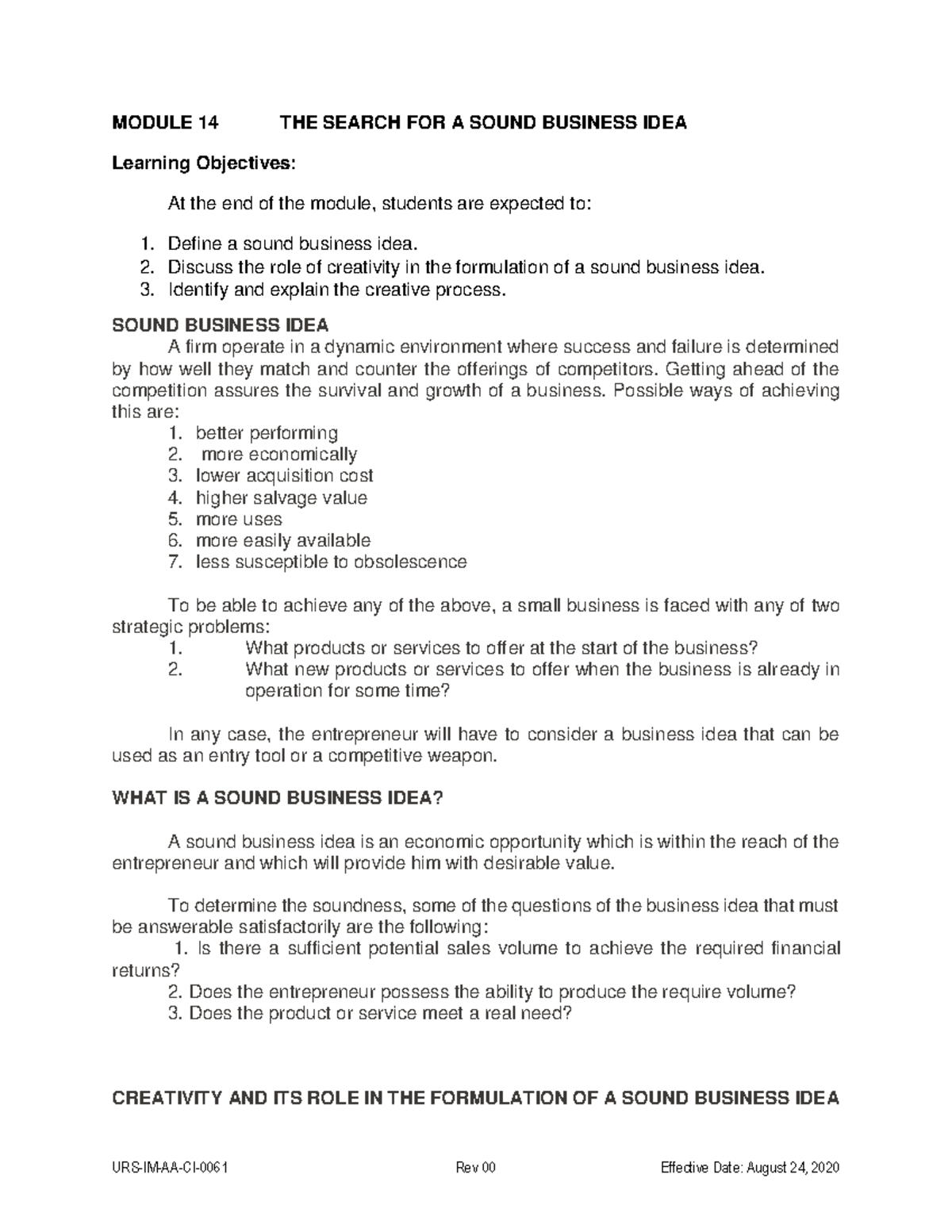 Search for a Sound Business Idea - MODULE 14 THE SEARCH FOR A SOUND ...