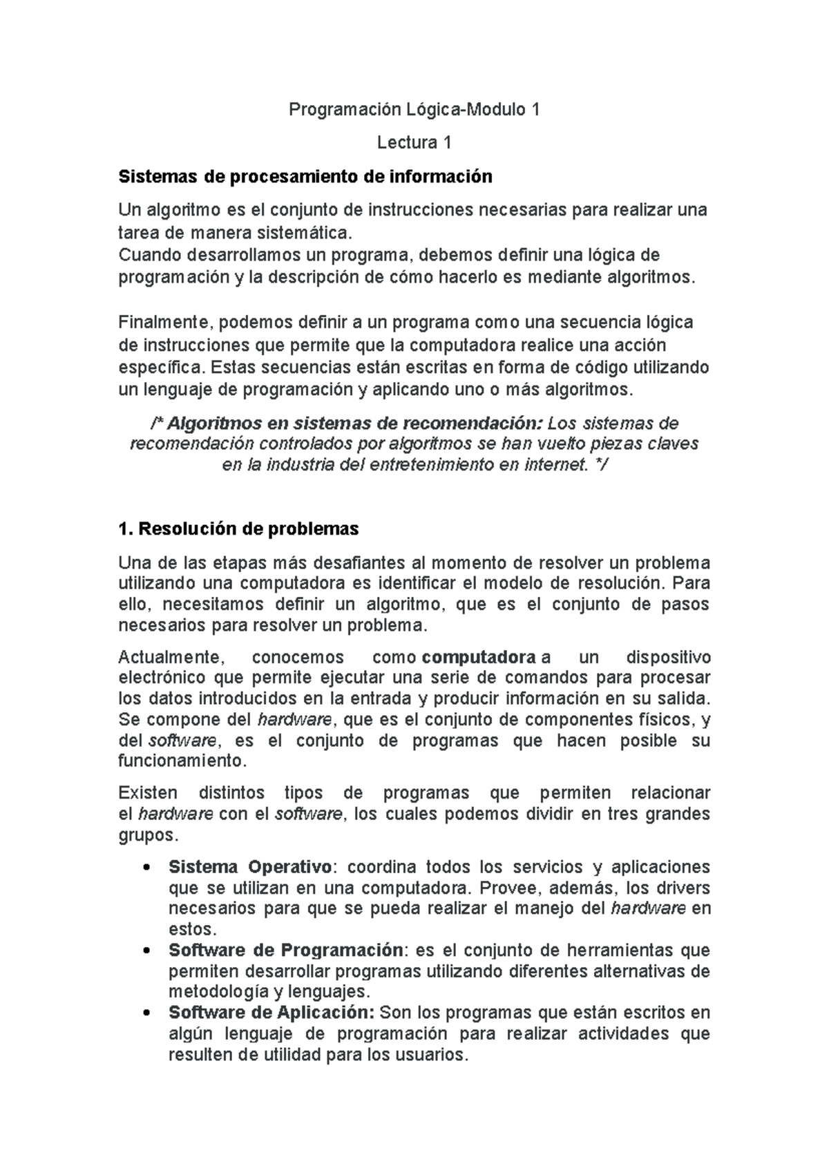 Programacion Logica-M1 - Programación Lógica-Modulo 1 Lectura 1 Sistemas de procesamiento de ...