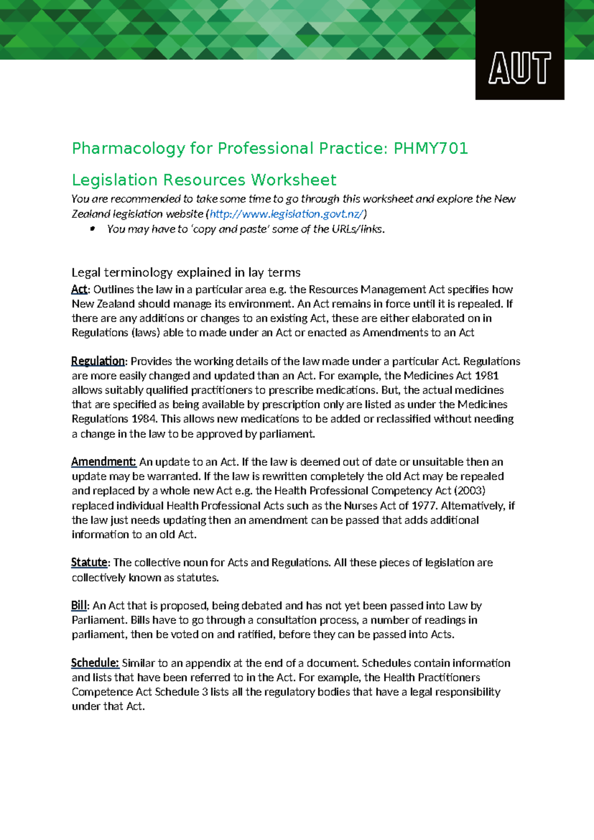 PHMY701 Worksheet Legislation - Pharmacology for Professional Practice ...