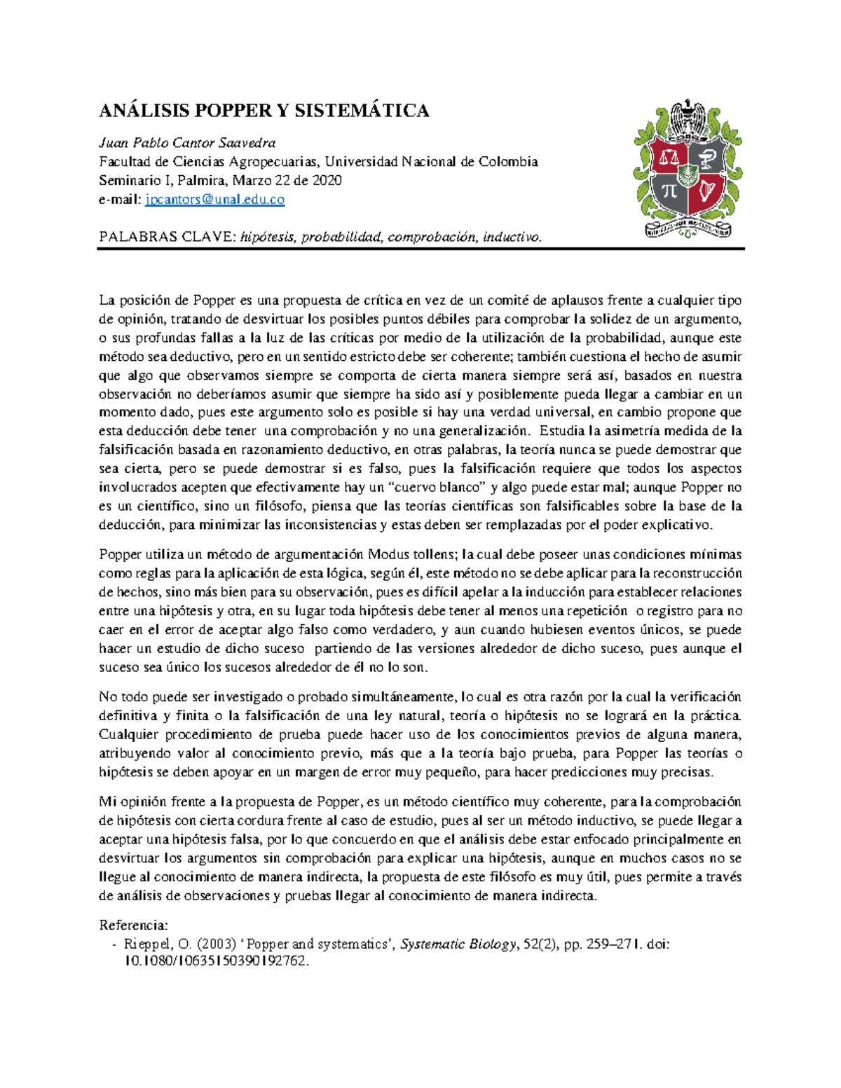 Popper y sistematics - ANÁLISIS POPPER Y SISTEMÁTICA Juan Pablo Cantor ...