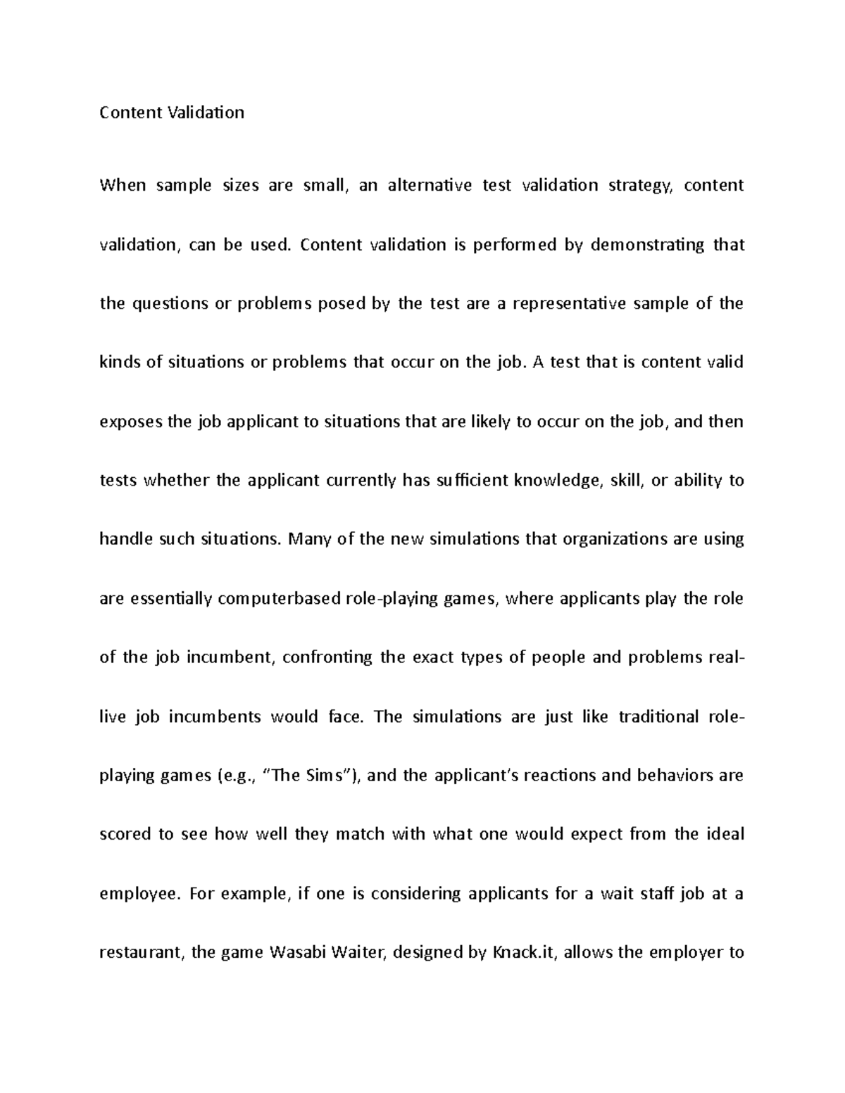 HRM 24- Content Validation - Content Validation When sample sizes are ...