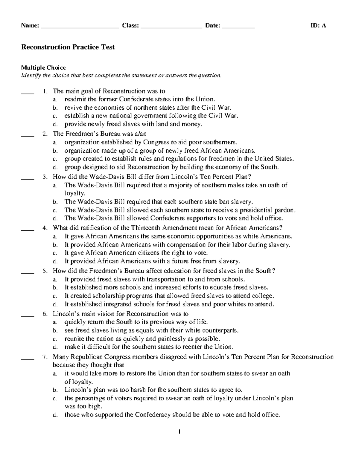 History practice - Name: ________________________ Class ...