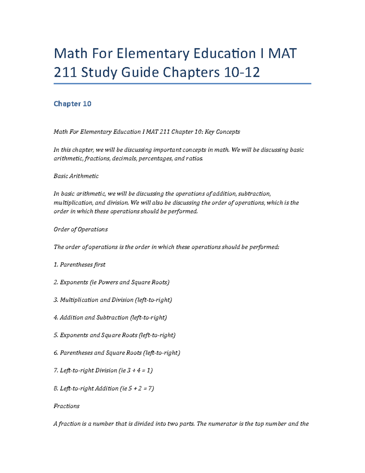 Math For Elementary Education I MAT 211 Study Guide Chapters 10-12 - We ...