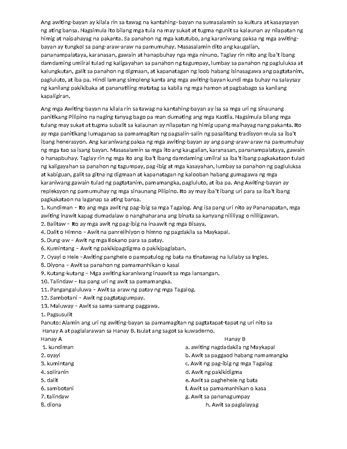 Ang awiting bayan - Ang awiting-bayan ay kilala rin sa tawag na ...