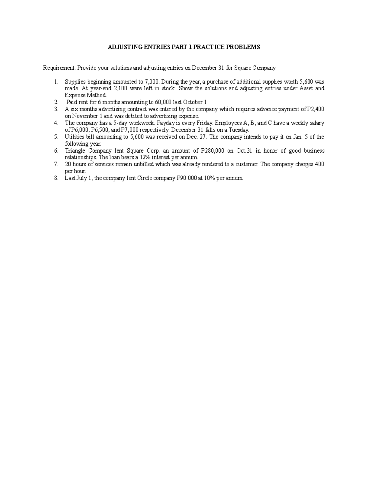 Adjusting Entries PART 1 Practice Problems - ADJUSTING ENTRIES PART 1 ...