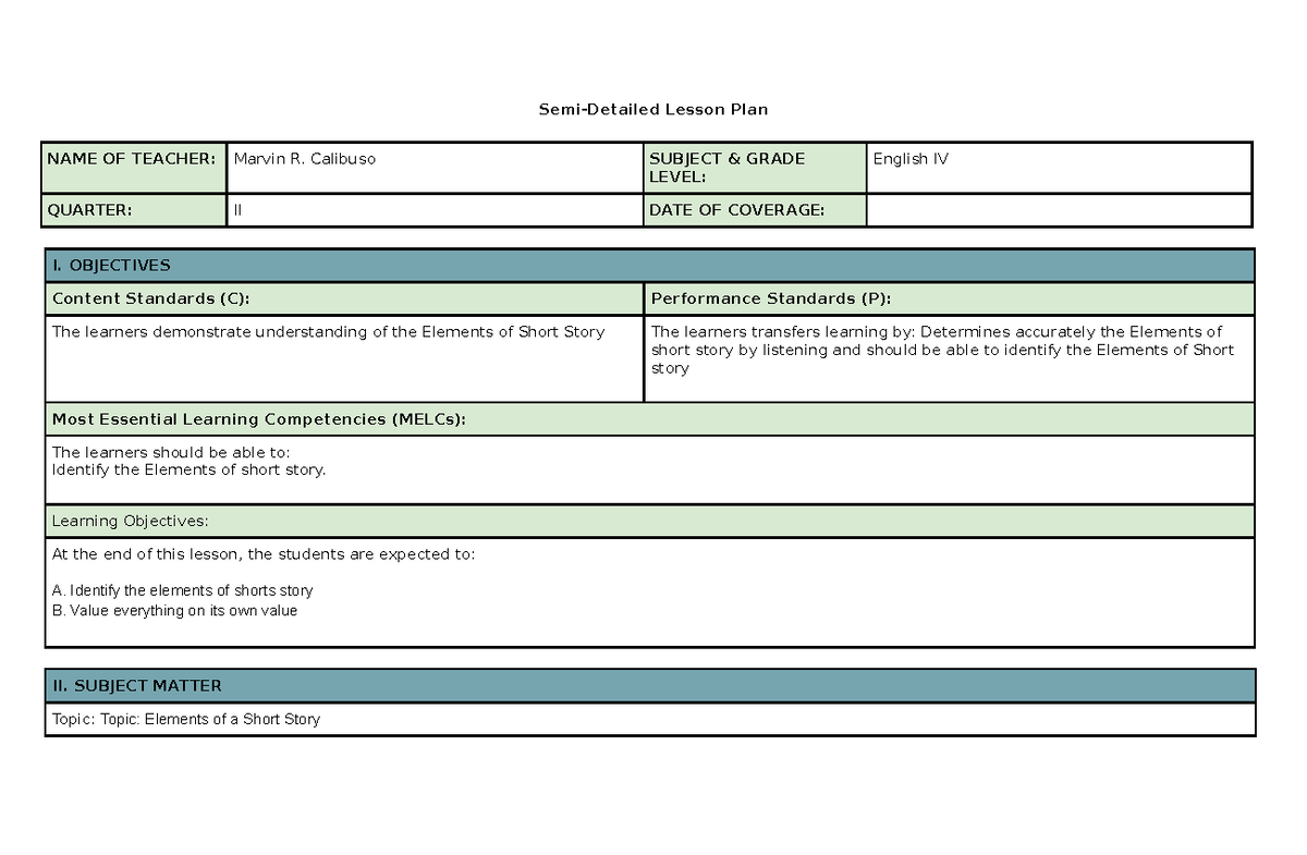 Semi-Detailed Lesson Plan Calibuso Marvin R (BEED2) - Semi-Detailed ...