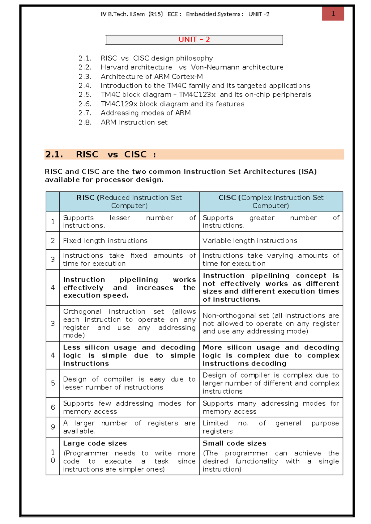 Es notes unit 2 - es note - ####### UNIT – 2 ####### 2. RISC vs CISC ...