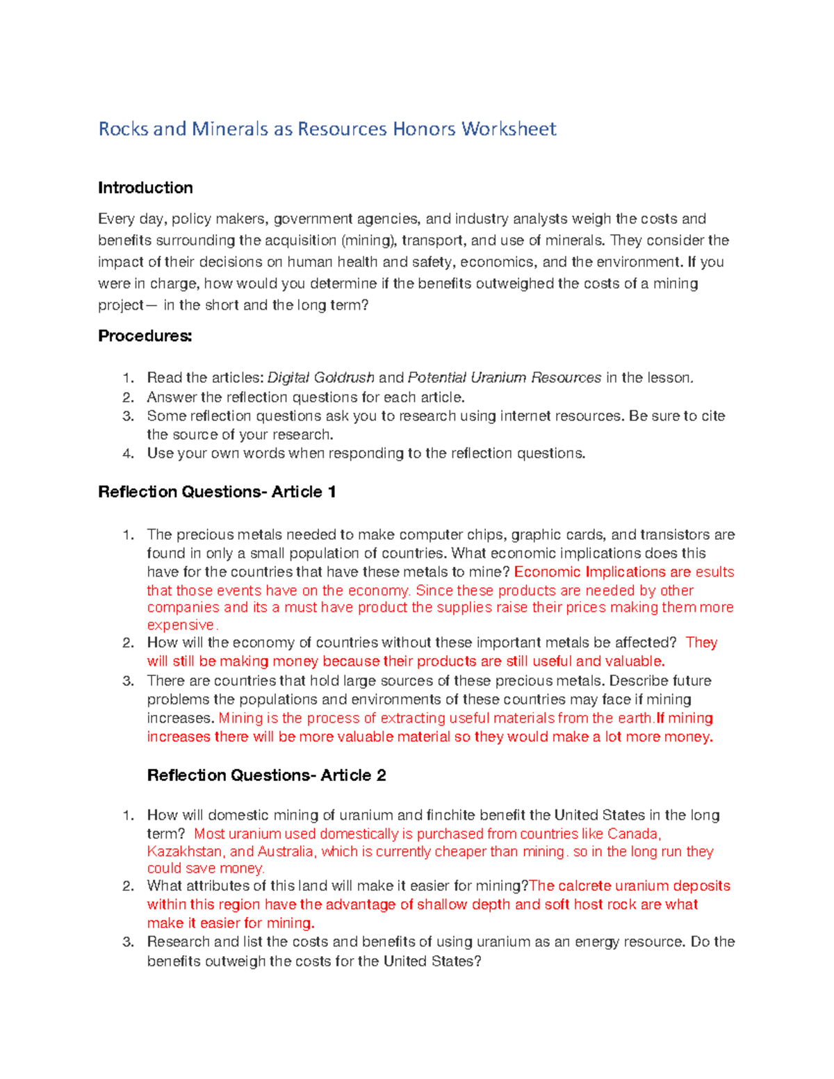 rocks minerals resources honors - Rocks and Minerals as Resources ...