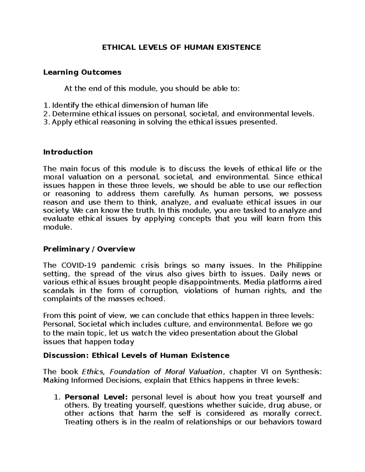 Ethical Levels OF Human Existence - ETHICAL LEVELS OF HUMAN EXISTENCE ...