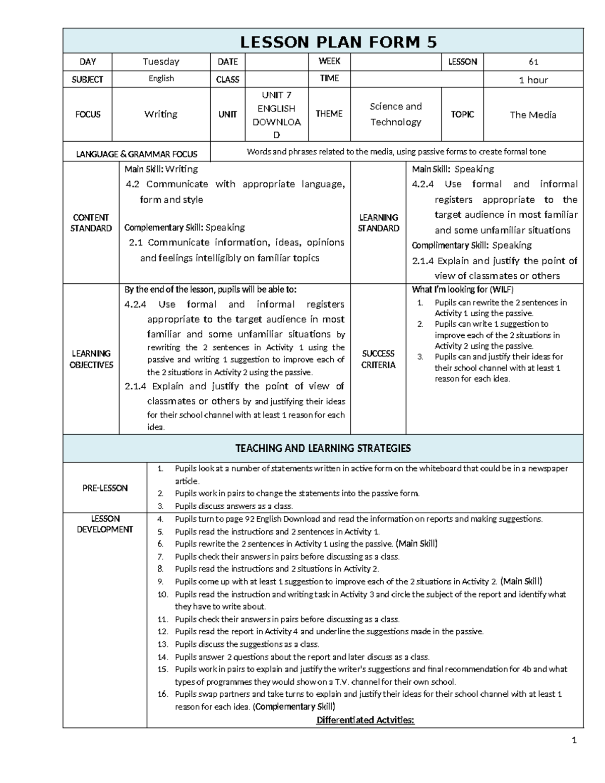 Lesson 61 Writing - english - DAY Tuesday DATE WEEK LESSON 61 SUBJECT ...