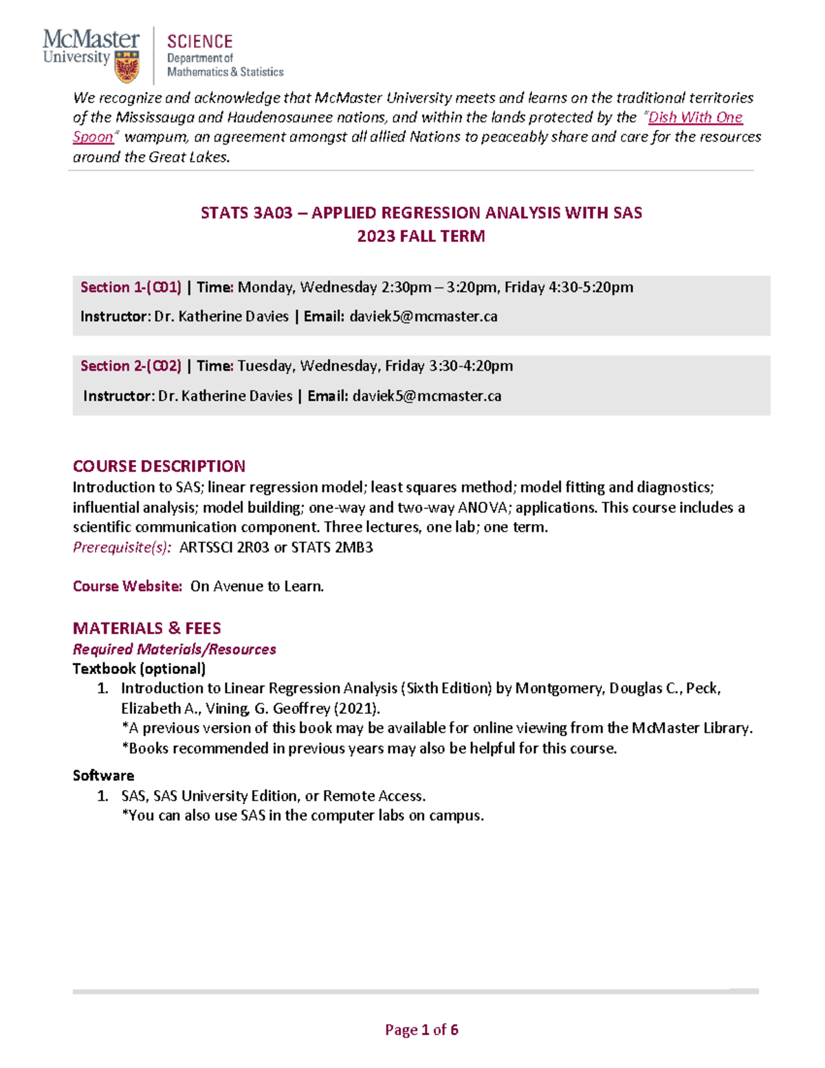 Stats-3A03 F23 Sept - Course outline - We recognize and acknowledge ...