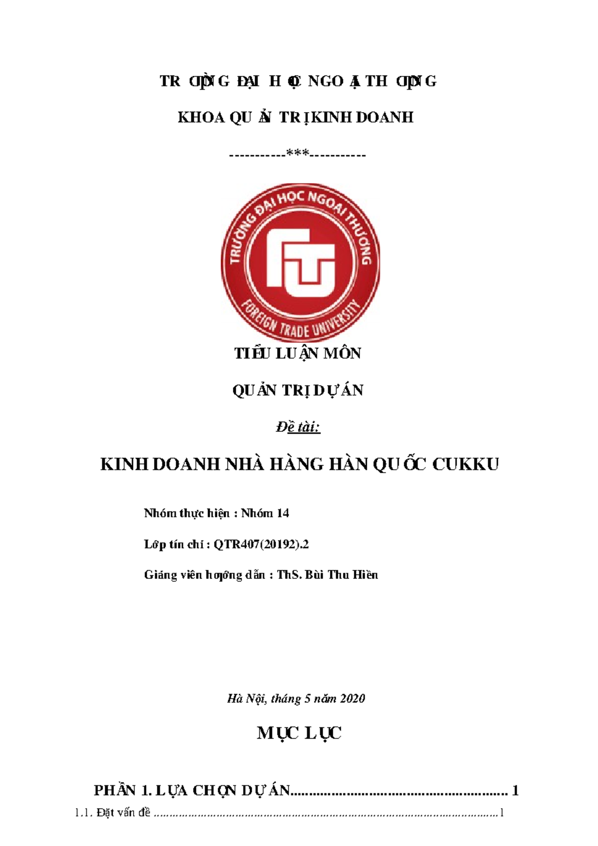123doc du an nha hang cukku tieu luan quan tri du an - TR ƢỜN G ĐẠI H C NGO I THỌ Ạ ƢƠN G KHOA ...