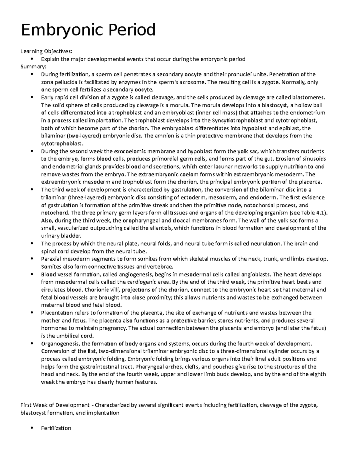 Embryonic Period - Lecture notes 1 - Embryonic Period Learning ...