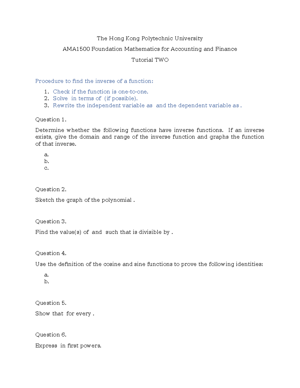 Tutorial 2 questions only - Foundation Mathematics for Accounting and ...