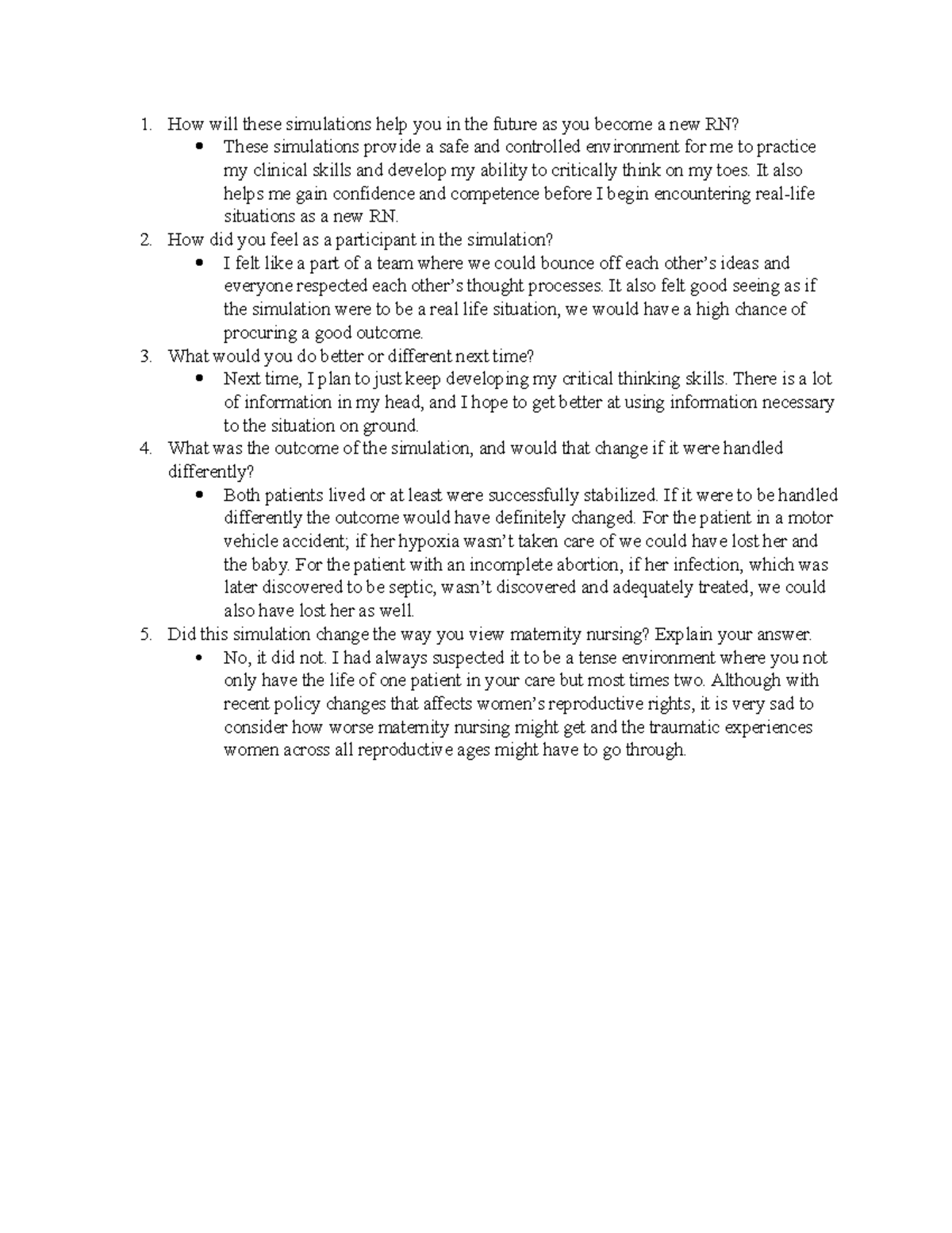 Maternity SIM 1 Reflection - 1. How will these simulations help you in ...