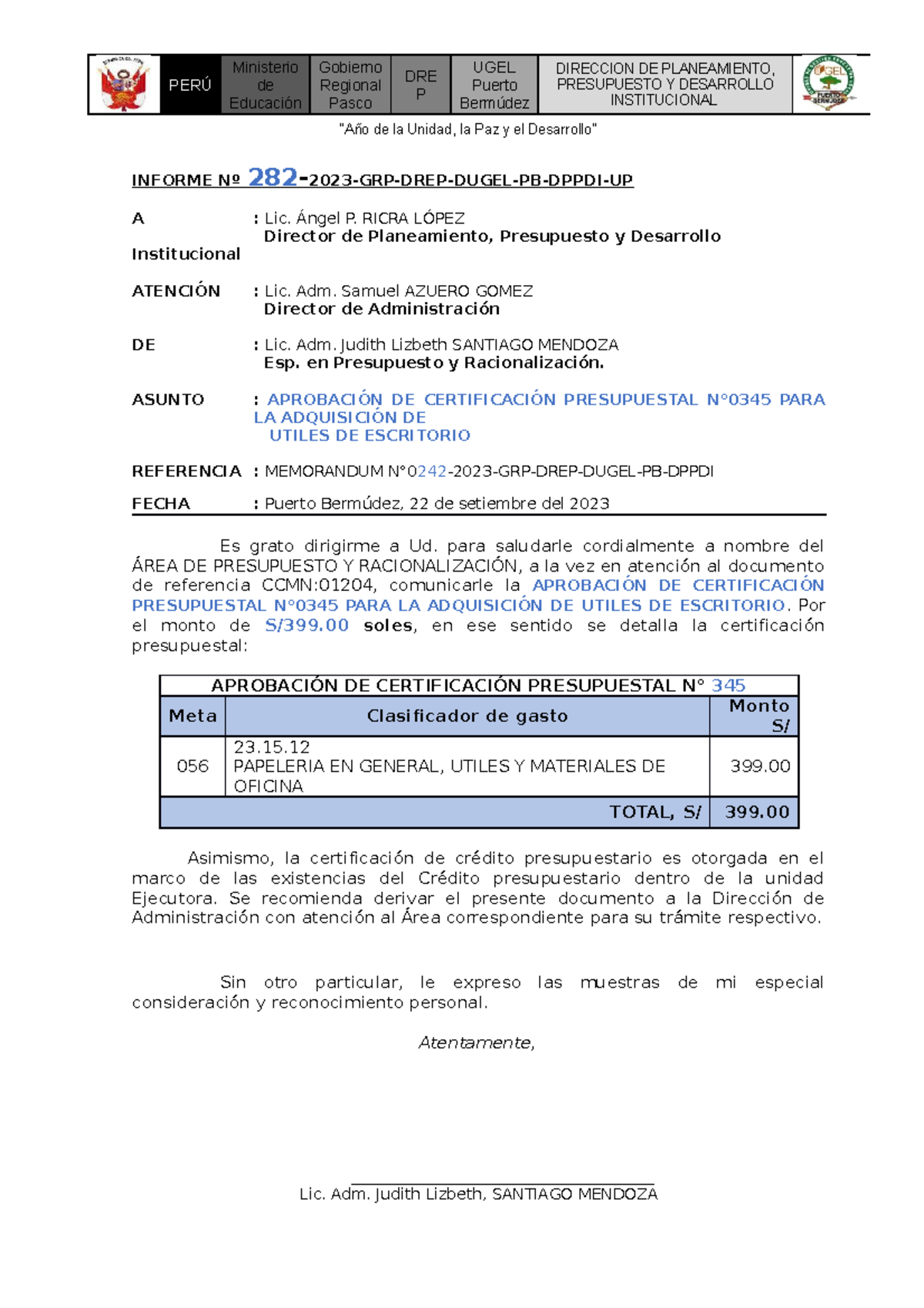 Informe Nº 282 utiles de escritotio - PERÚ Ministerio de Educación ...