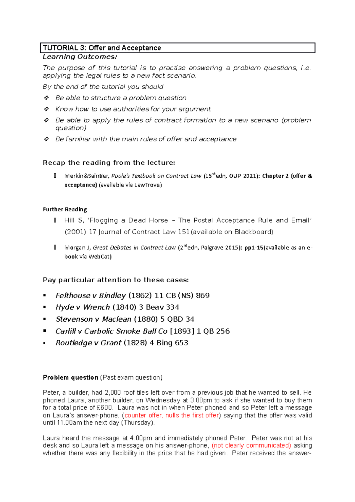 Offer and Acceptance - TUTORIAL 3: Offer and Acceptance Learning ...