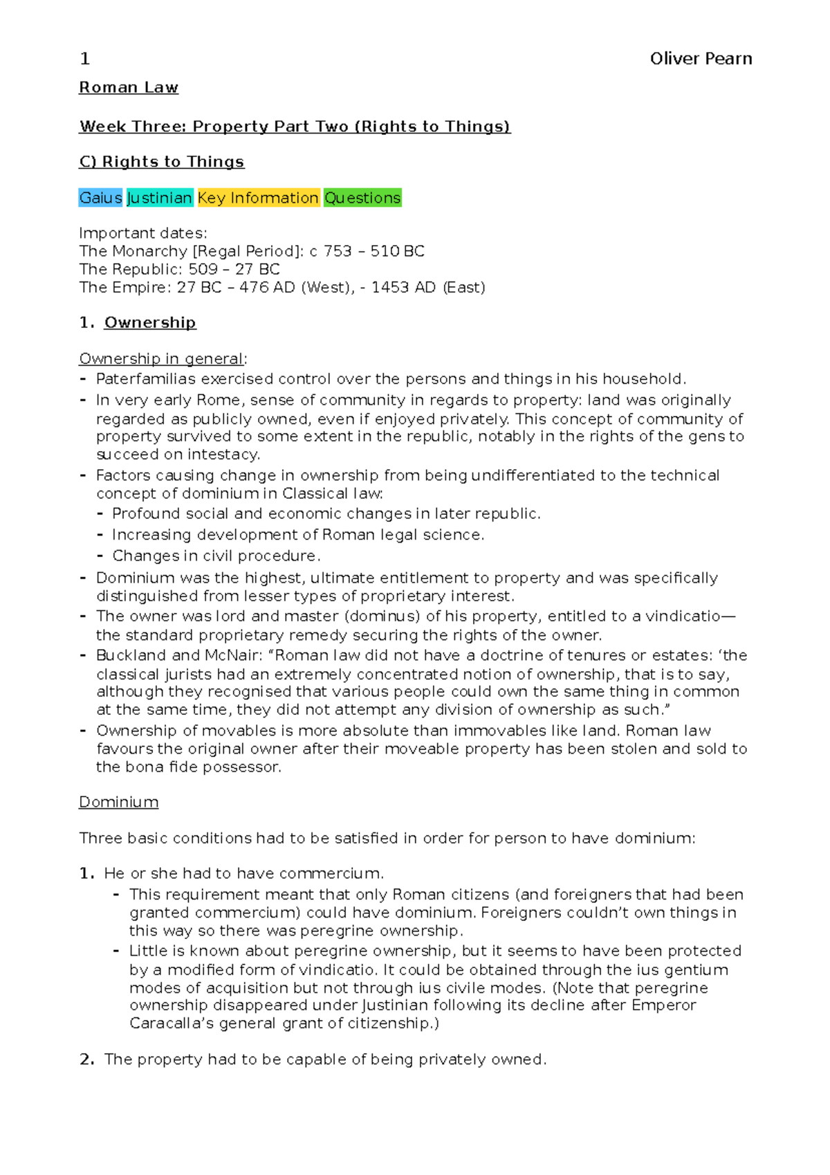 Rom. Wk.3 Notes - essay - Roman Law Week Three: Property Part Two ...