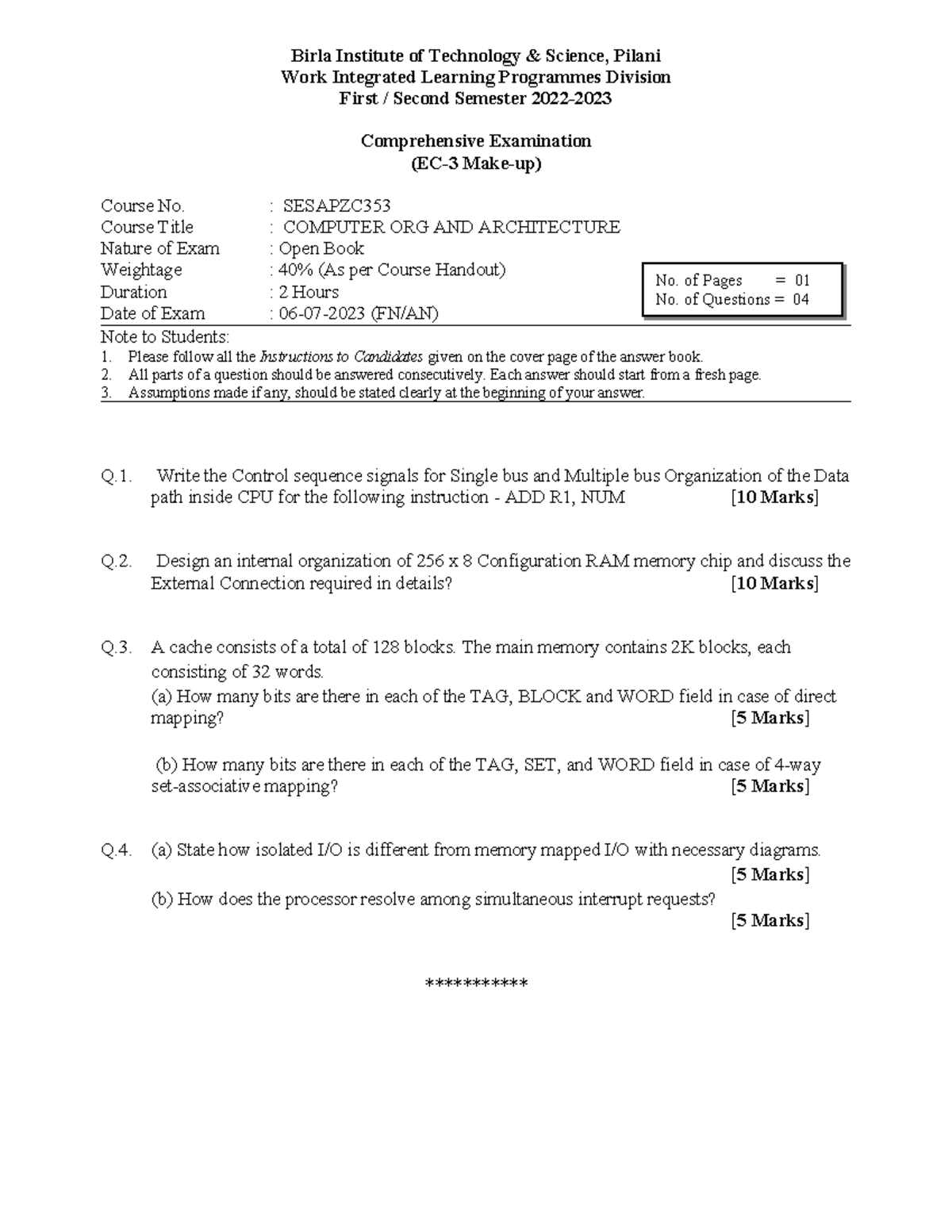 COA Compe Question Papers Make-up - Birla Institute of Technology ...