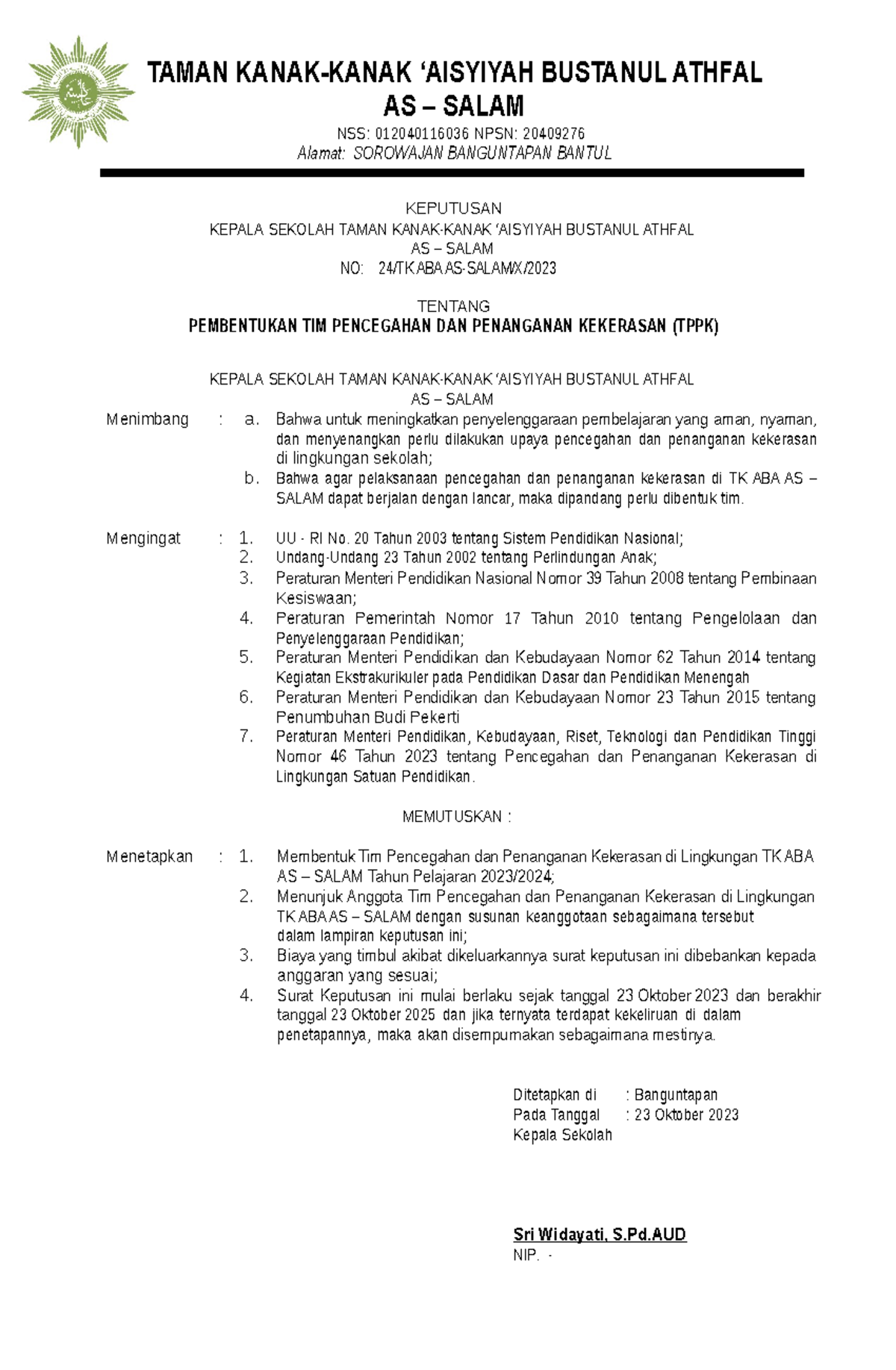 SK Tim Pencegahan dan Penanganan Kekerasan di Lingkungan Satuan Pendidikan - TAMAN KANAK-KANAK ...