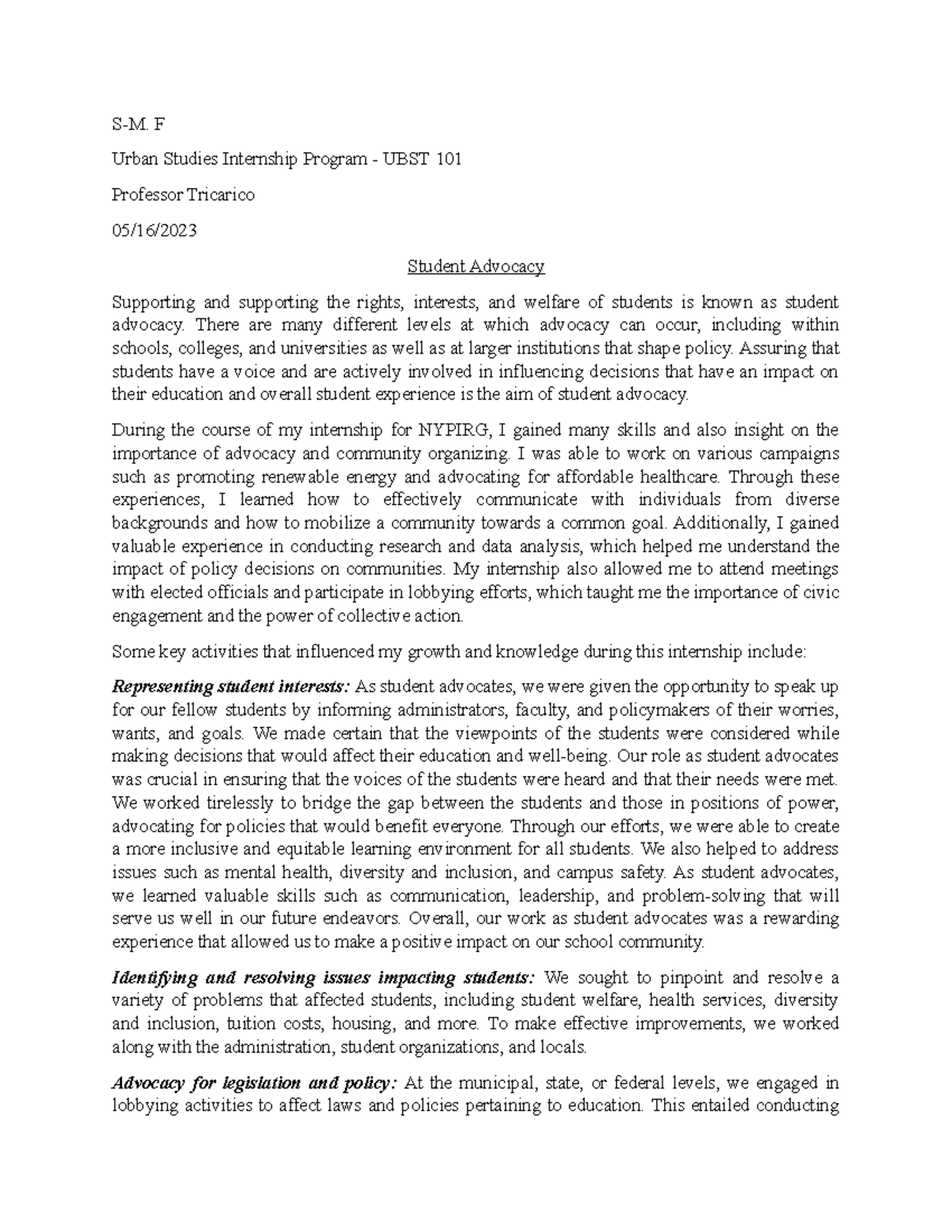 Urban Studies Reflection Paper Outline (NYPIRG) - UBST 202 ...