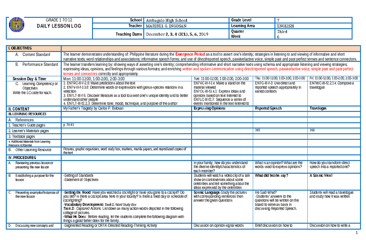 Week 6 - weekly lesson plan for English 7 & 8 - GRADE 1 TO 12 DAILY ...