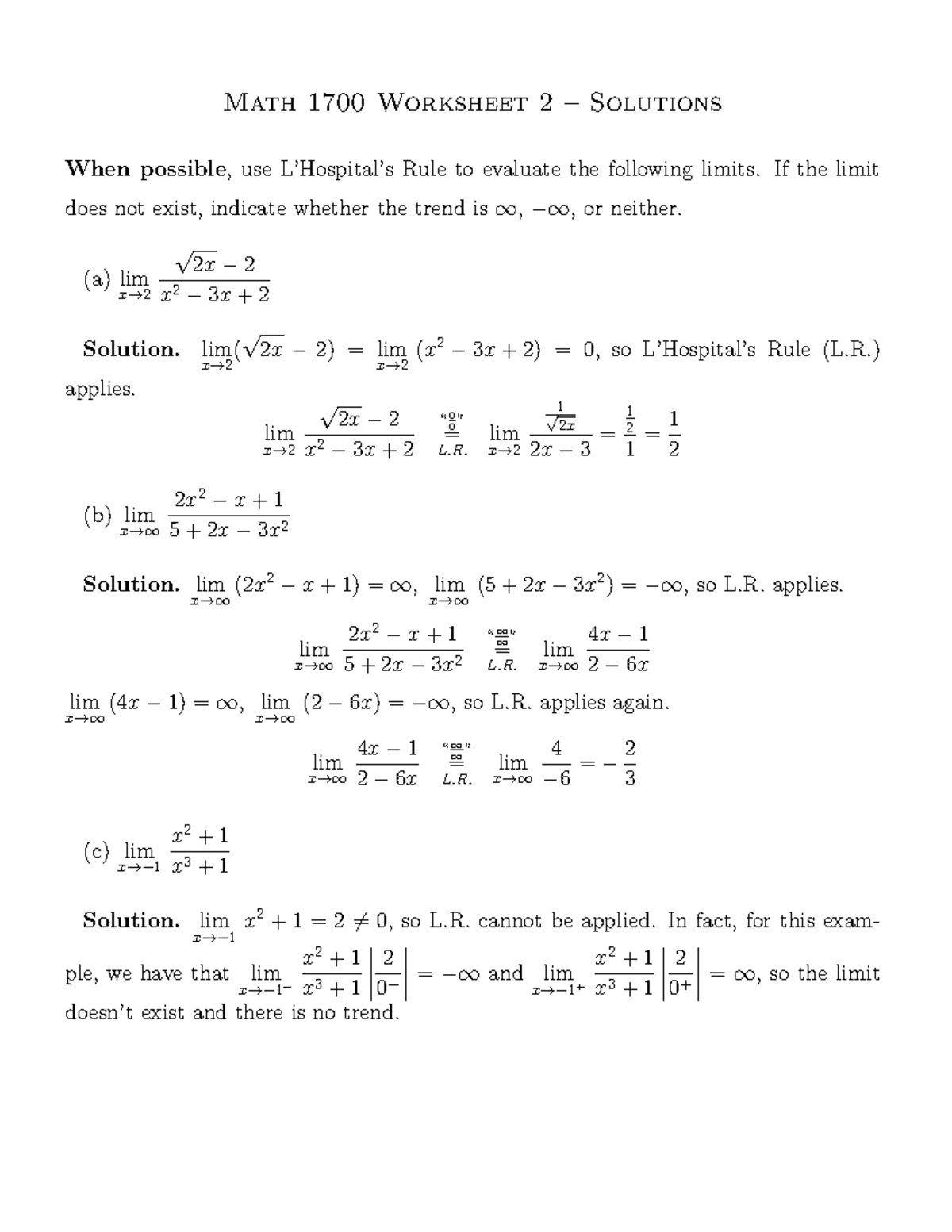 1700tutorial 2-sol - 1101tutorial 2-sol - Math 1700 Worksheet 2 – Solutions When possible, use ...