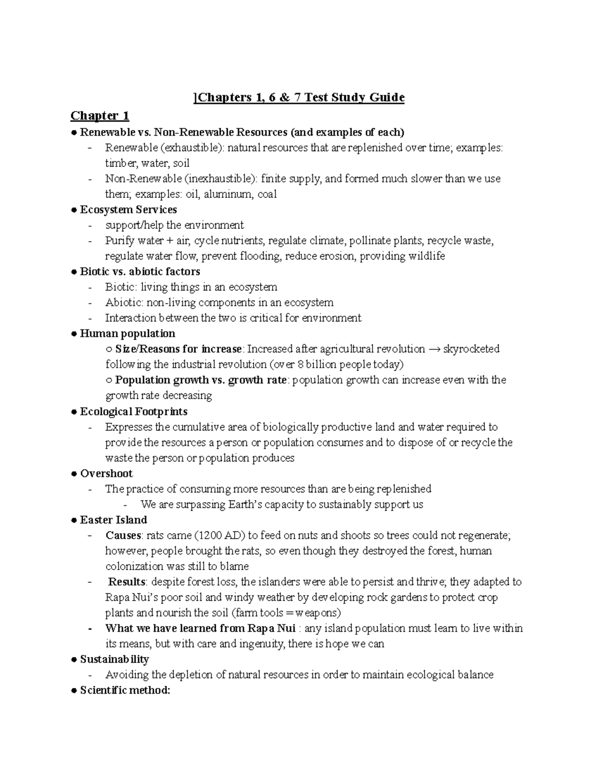 Study Guide APES - ]Chapters 1, 6 & 7 Test Study Guide Chapter 1 ...