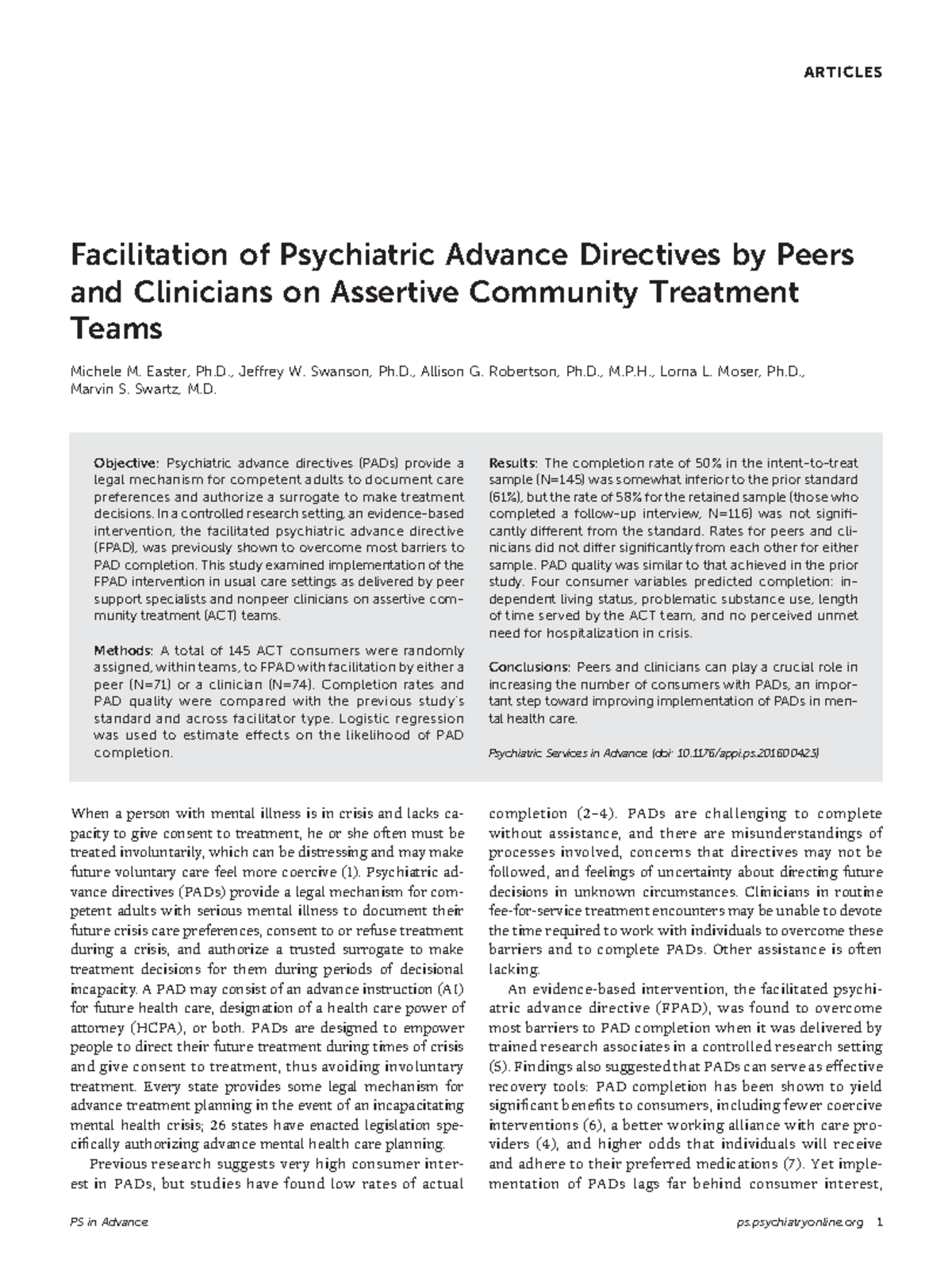 2017 easter - Facilitation of Psychiatric Advance Directives by Peers ...