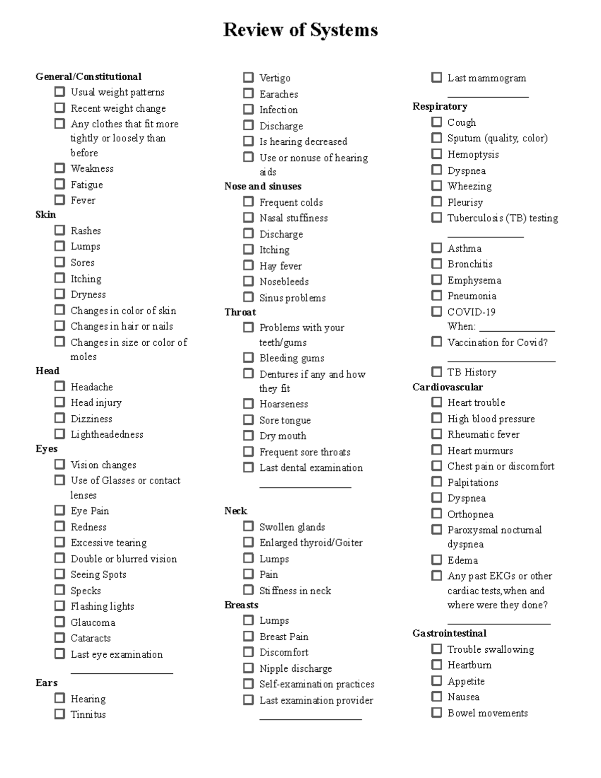 ROS Template - Review of Systems General/Constitutional Usual weight ...